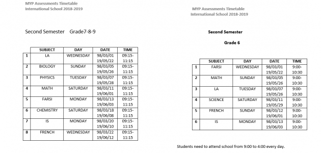 The New MYP Exams Schedule - Mahdavi International school